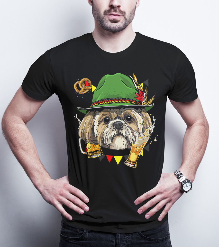 Shih Tzu Oktoberfest Dog With Lederhosen Hat And Beer German Pretzel T-Shirt