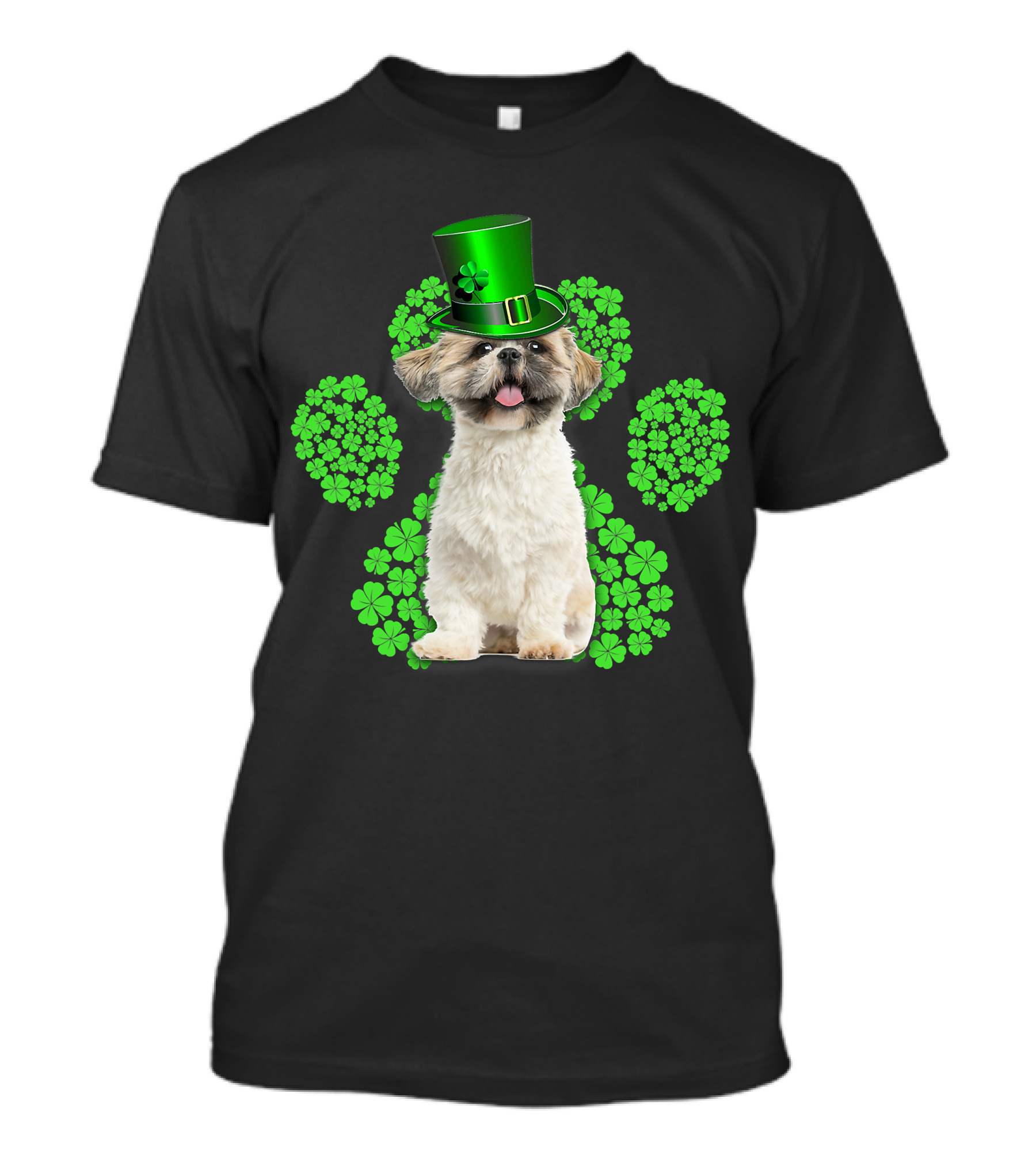 Shih Tzu With Shamrock Paw Prints And Green Hat For St Patrick's Day T-Shirt
