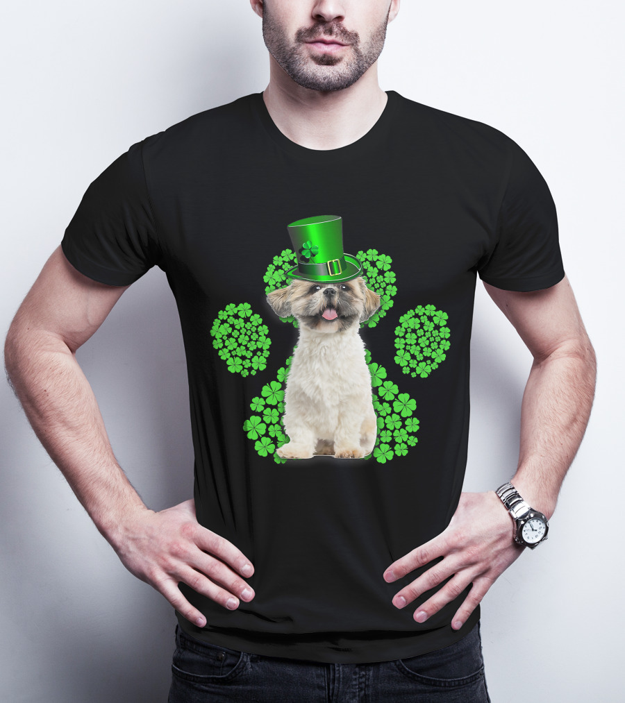 Shih Tzu With Shamrock Paw Prints And Green Hat For St Patrick's Day T-Shirt
