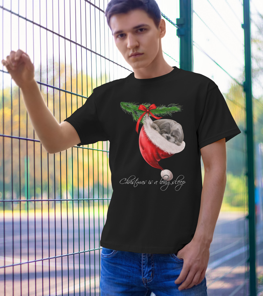 Shih Tzu Sleeping In Santa's Hat Christmas Is A Snuggly Dream T-Shirt