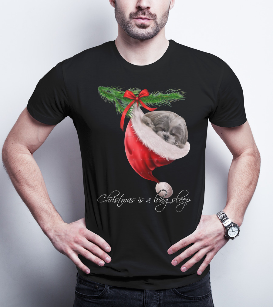 Shih Tzu Sleeping In Santa's Hat Christmas Is A Snuggly Dream T-Shirt