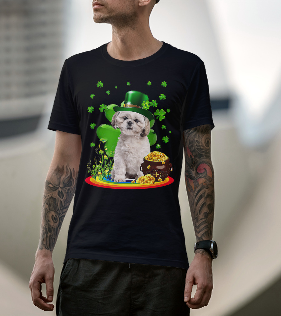 Shih Tzu Irish Shamrock St Patricks Day Lover With Pot Of Gold T-Shirt