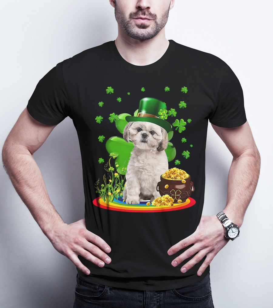 Shih Tzu Irish Shamrock St Patricks Day Lover With Pot Of Gold T-Shirt