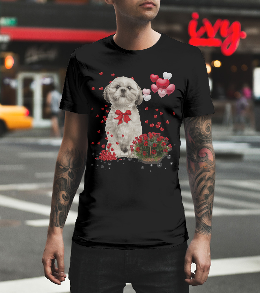 Shih Tzu Valentines Day Funny Dog Lover Happy Vale Roses Hearts Balloons T-Shirt