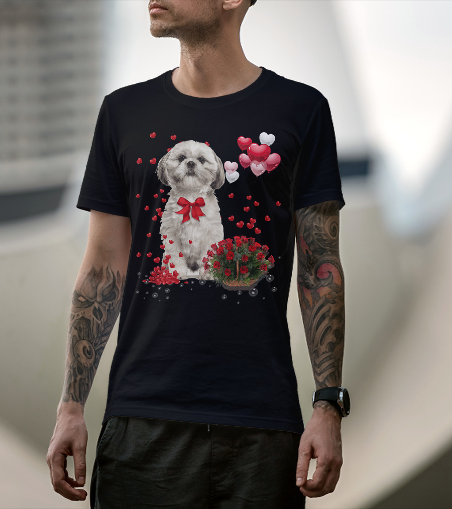 Shih Tzu Valentines Day Funny Dog Lover Happy Vale Roses Hearts Balloons T-Shirt