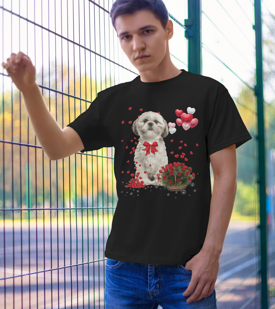 Shih Tzu Valentines Day Funny Dog Lover Happy Vale Roses Hearts Balloons T-Shirt