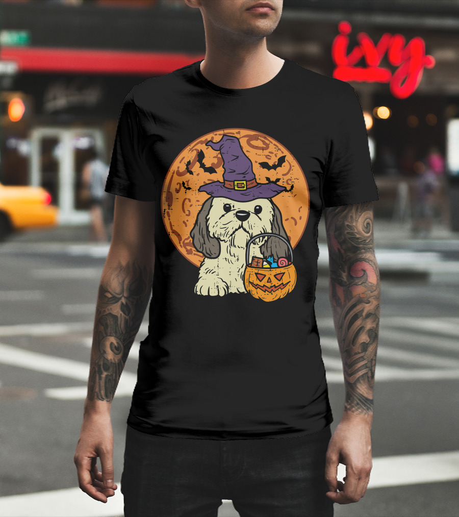 Shih Tzu Witch Hat Moon Jack O Lantern Halloween Dog T-Shirt