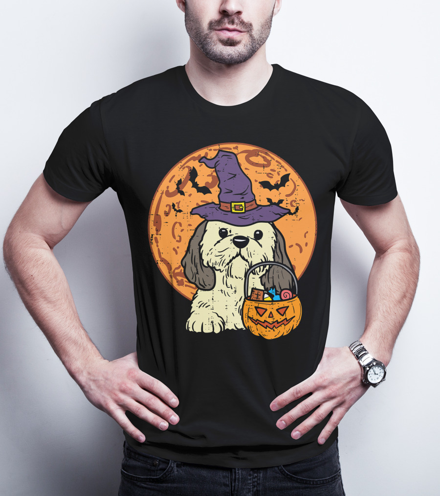 Shih Tzu Witch Hat Moon Jack O Lantern Halloween Dog T-Shirt