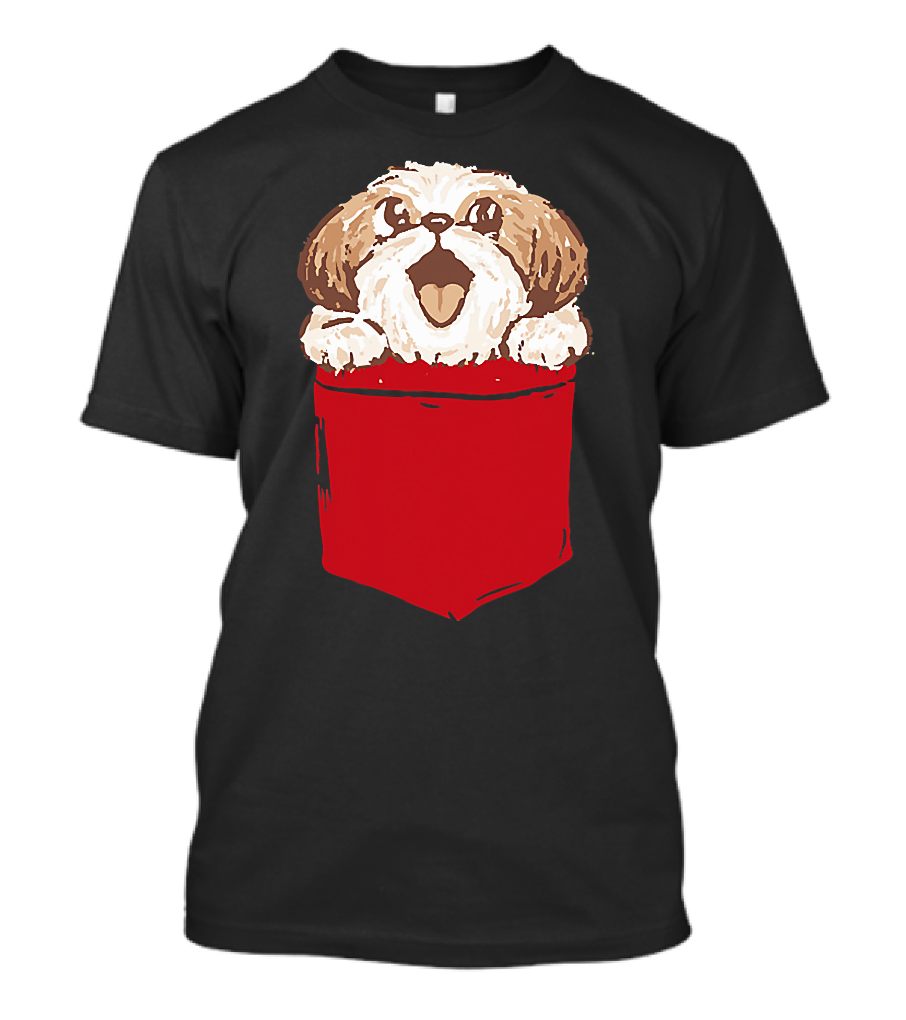 Shih-Tzu Puppy Dog Peeking Out Of Red Pocket T-Shirt