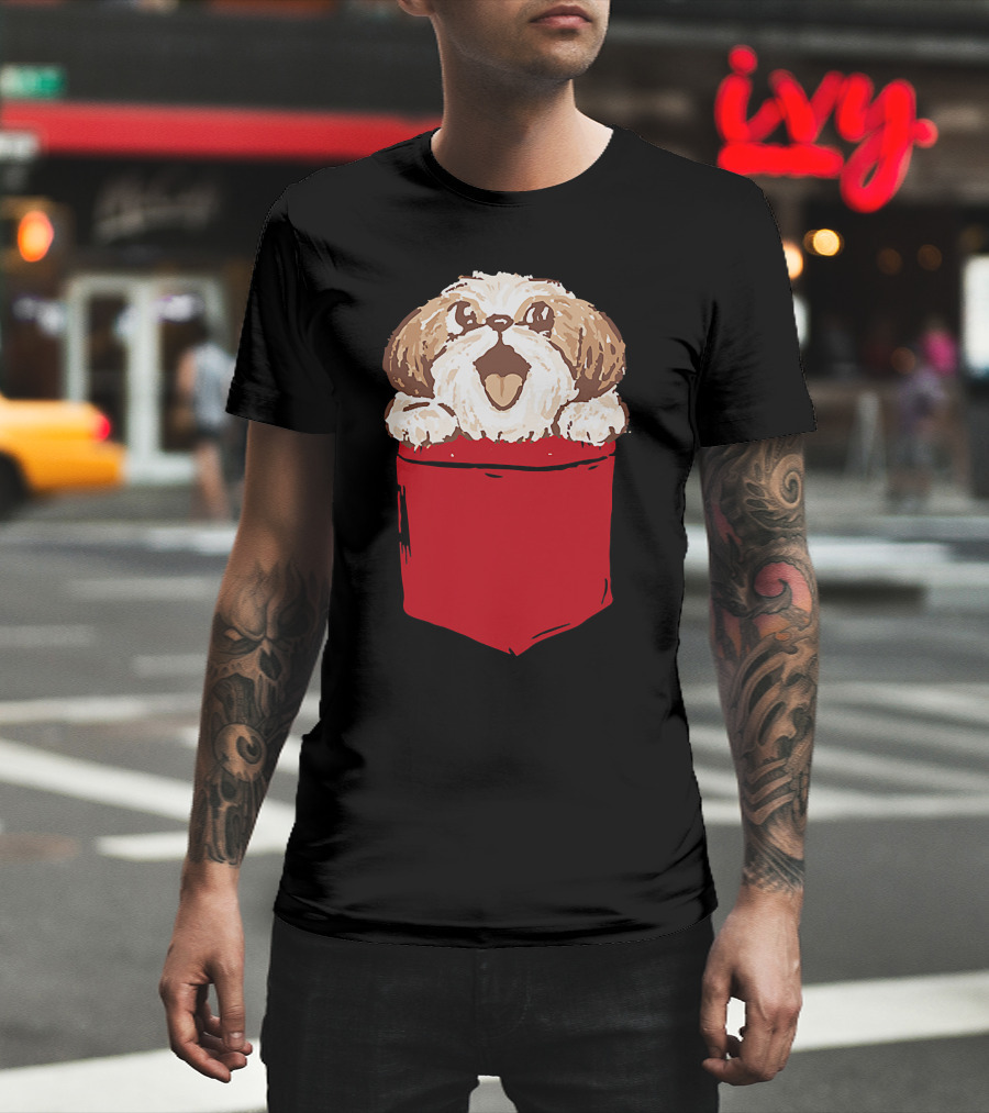 Shih-Tzu Puppy Dog Peeking Out Of Red Pocket T-Shirt