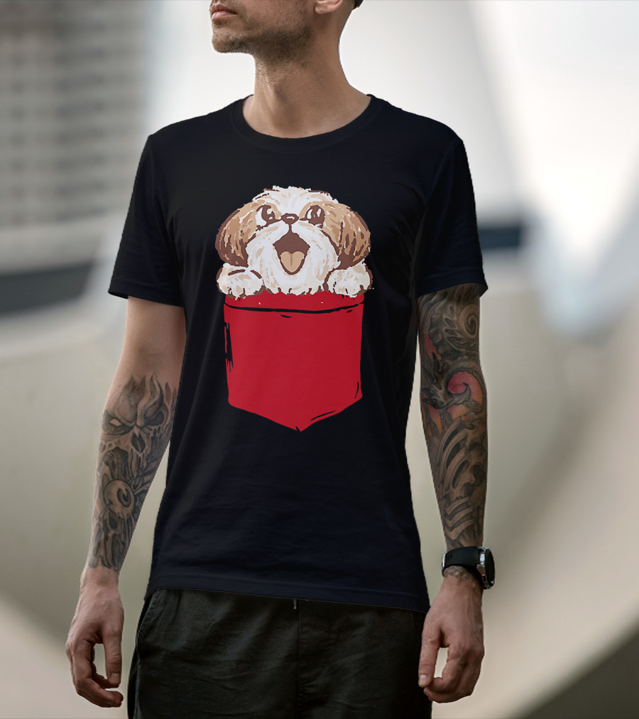 Shih-Tzu Puppy Dog Peeking Out Of Red Pocket T-Shirt