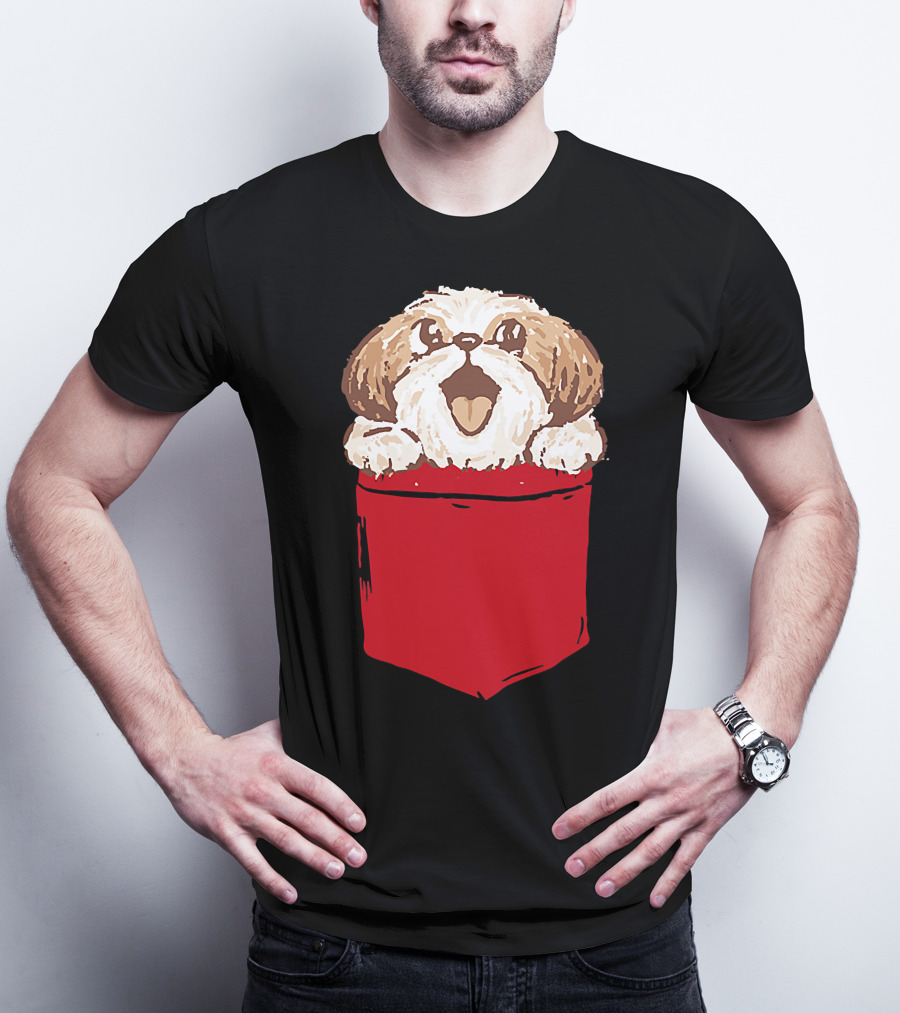 Shih-Tzu Puppy Dog Peeking Out Of Red Pocket T-Shirt