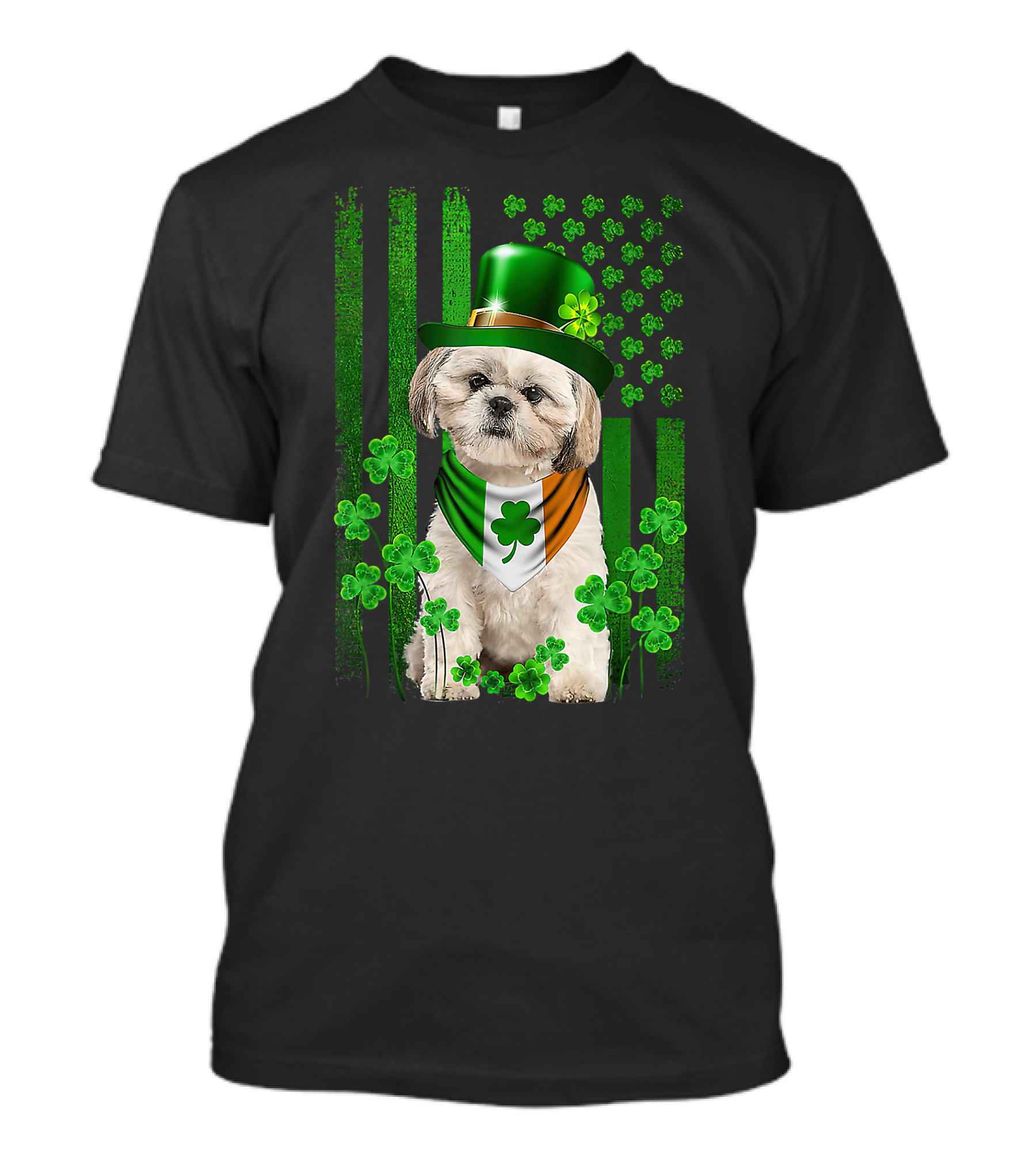 St Patrick's Day Shamrock Hat Shih Tzu With Irish Flag Scarf T-Shirt