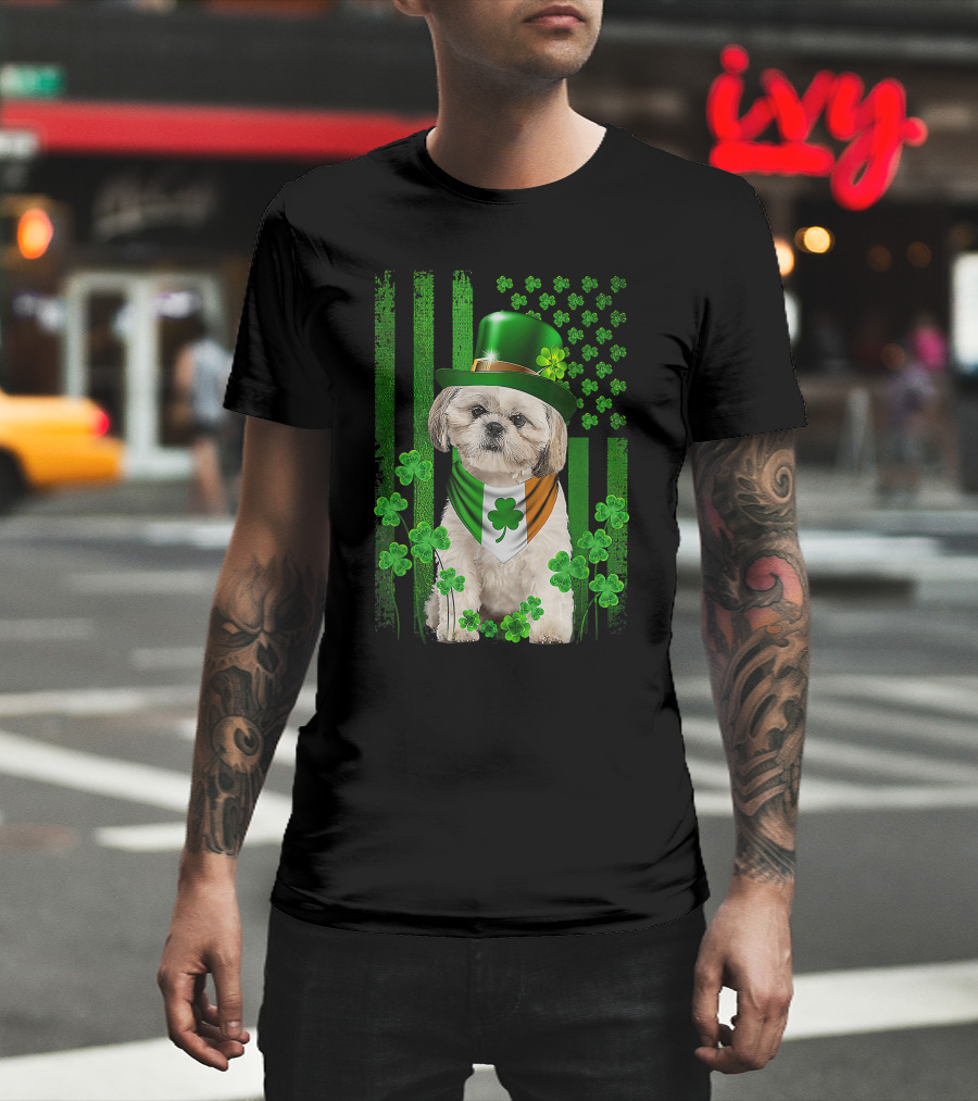 St Patrick's Day Shamrock Hat Shih Tzu With Irish Flag Scarf T-Shirt