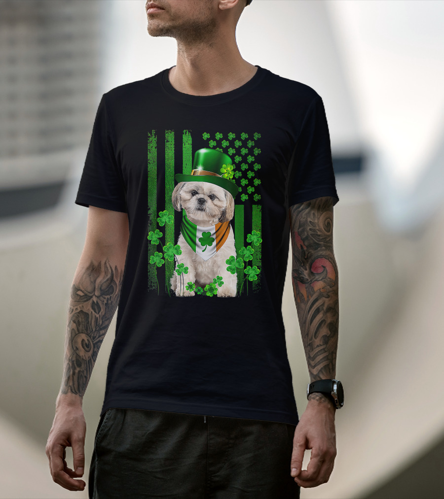 St Patrick's Day Shamrock Hat Shih Tzu With Irish Flag Scarf T-Shirt
