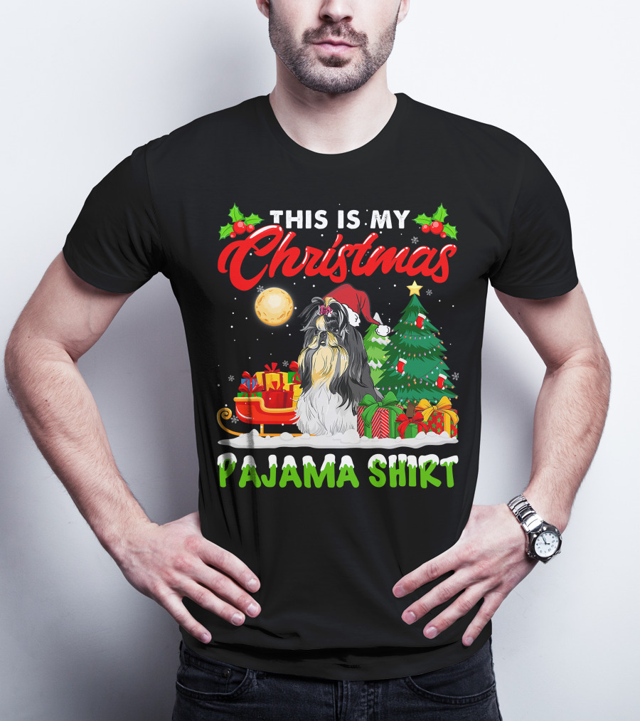 Christmas Pajama Shih Tzu Dog With Santa Hat And Presents T-Shirt