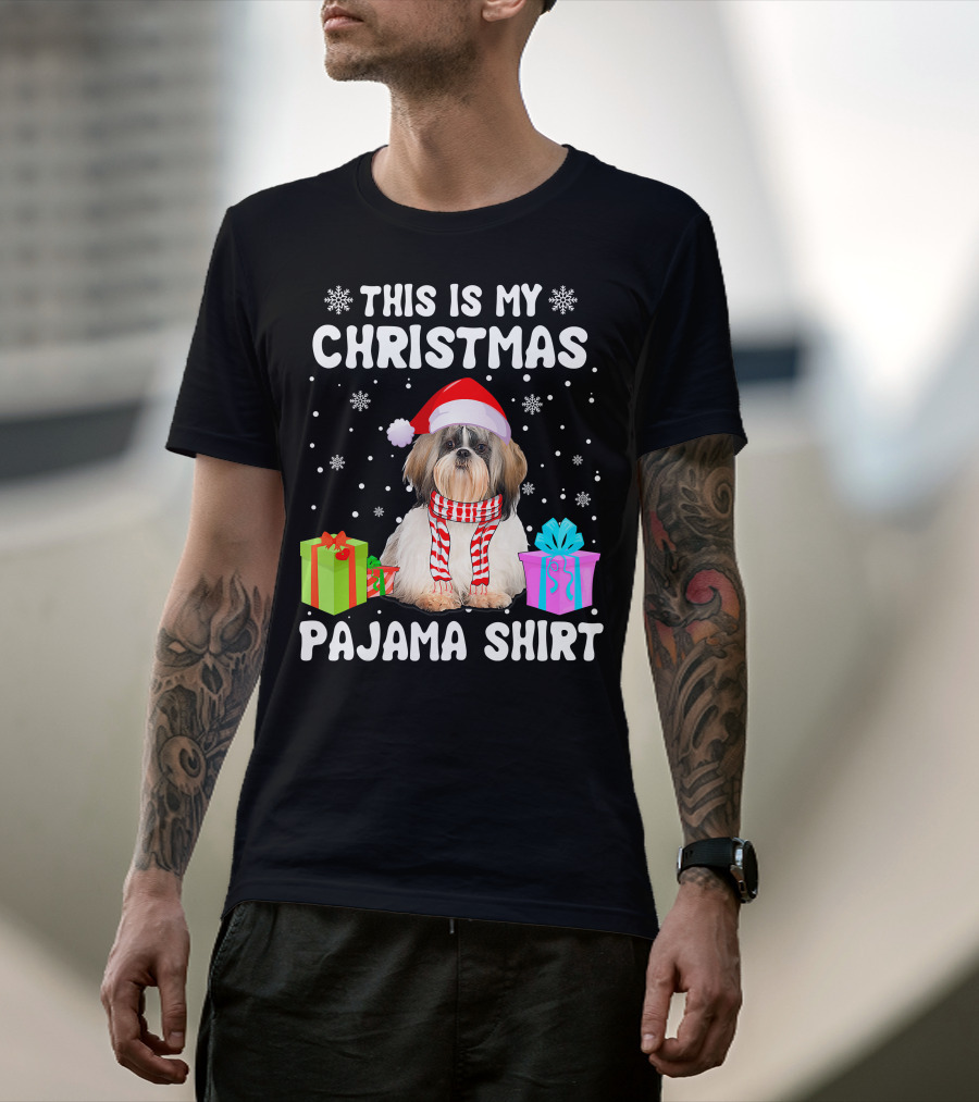 This Is My Christmas Shih Tzu Dog Pajama Puppy Love Santa Hat Presents T-Shirt