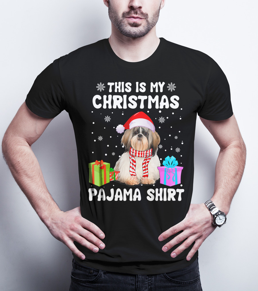 This Is My Christmas Shih Tzu Dog Pajama Puppy Love Santa Hat Presents T-Shirt