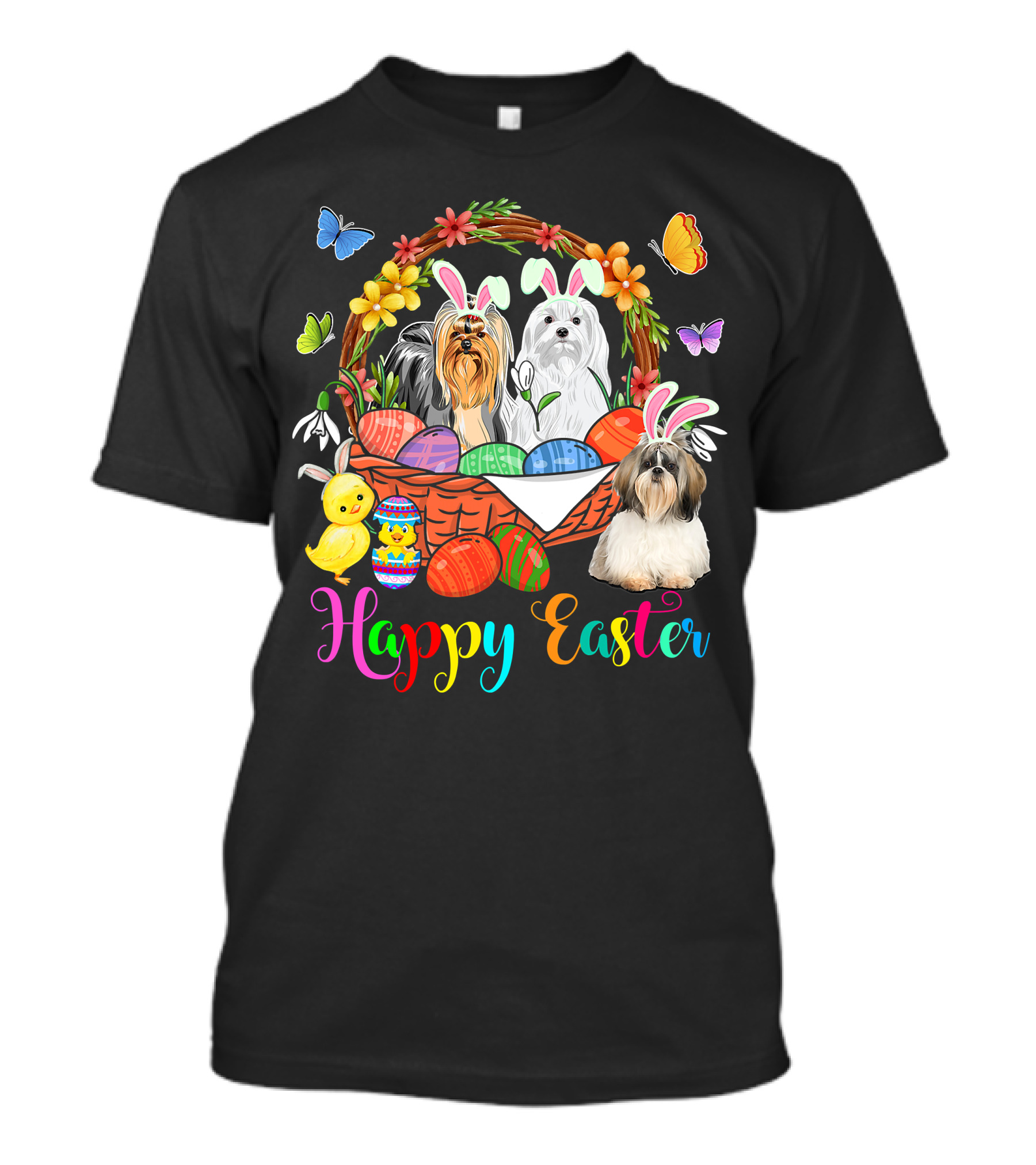 Happy Easter Three Bunny Shih Tzu Dogs In Easter Eggs Basket With Butterflies And Flowers T-Shirt