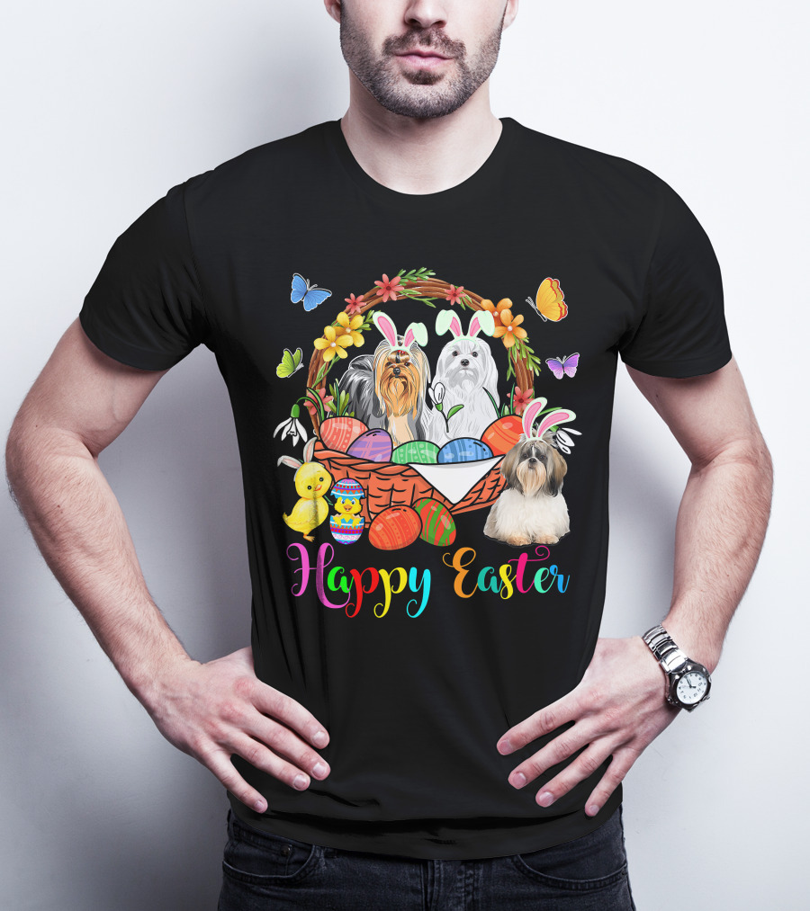 Happy Easter Three Bunny Shih Tzu Dogs In Easter Eggs Basket With Butterflies And Flowers T-Shirt
