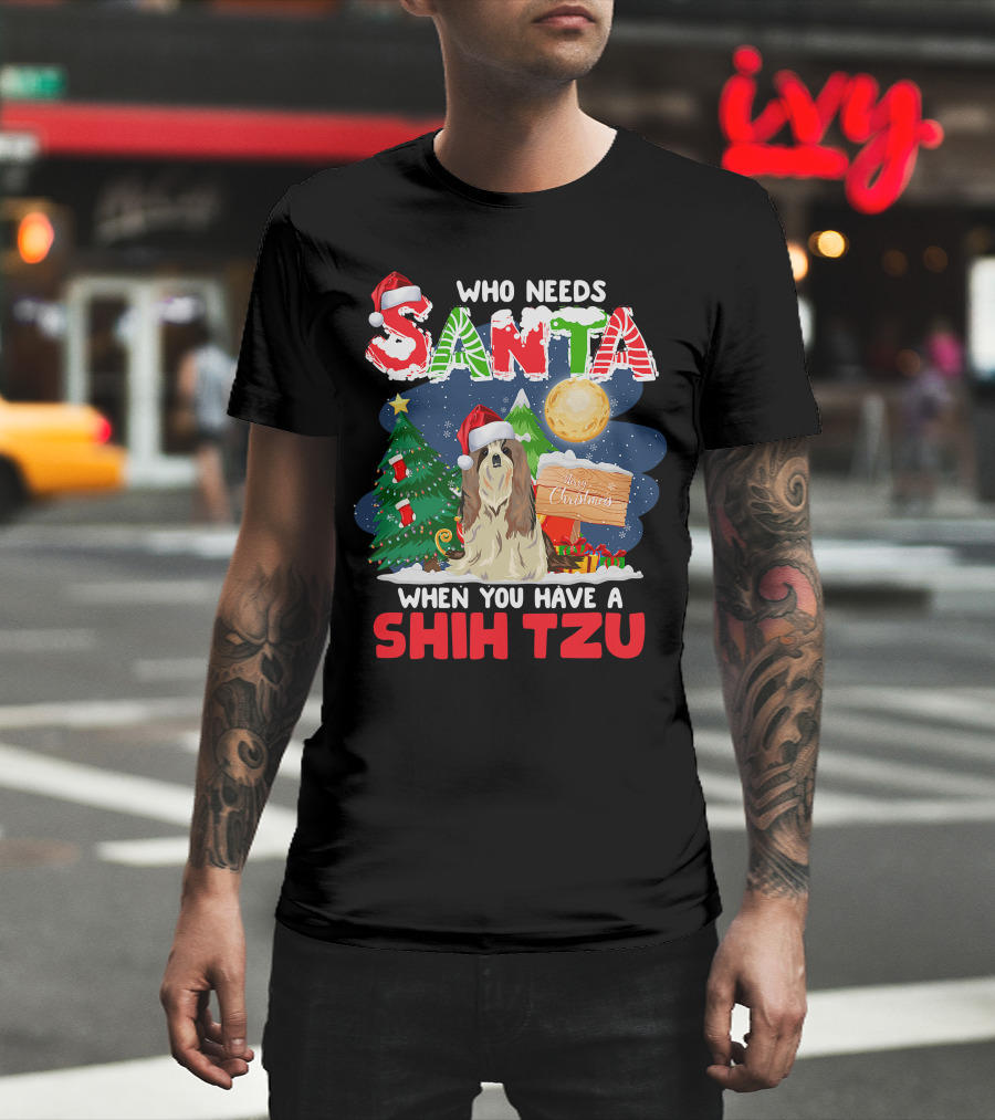 Santa Shih Tzu Merry Christmas Tree Moon Holiday T-Shirt