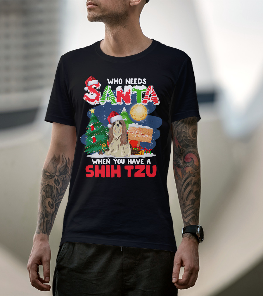 Santa Shih Tzu Merry Christmas Tree Moon Holiday T-Shirt