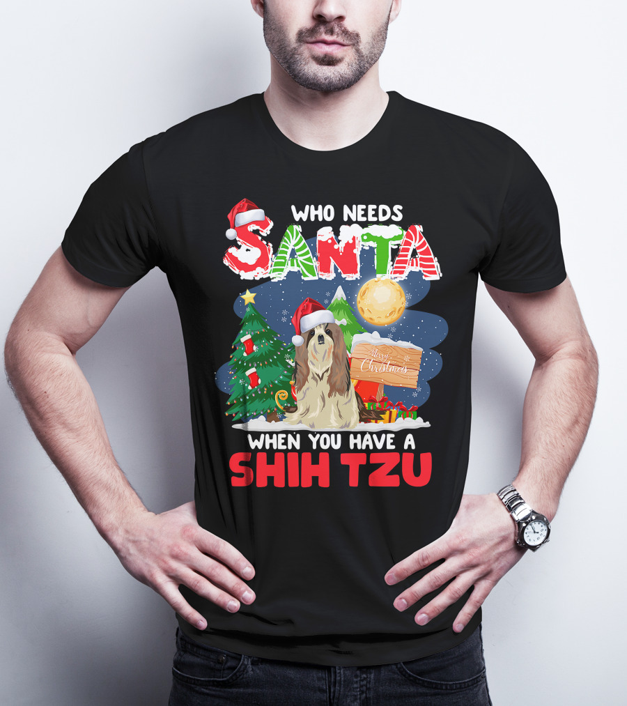 Santa Shih Tzu Merry Christmas Tree Moon Holiday T-Shirt