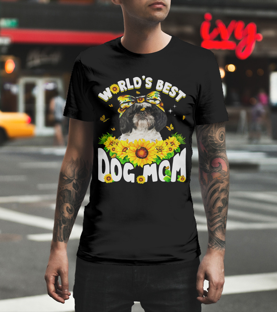 World's Best Shih Tzu Dog Mom Sunflowers And Butterflies T-Shirt