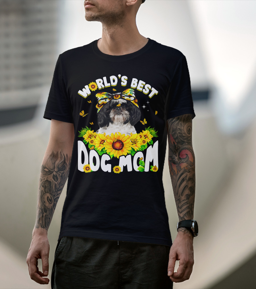 World's Best Shih Tzu Dog Mom Sunflowers And Butterflies T-Shirt