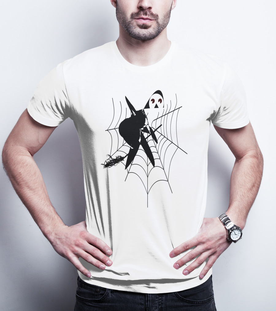 The Witch's House Spiderweb Logo Black Cat And Broomstick Silhouette Halloween T-Shirt