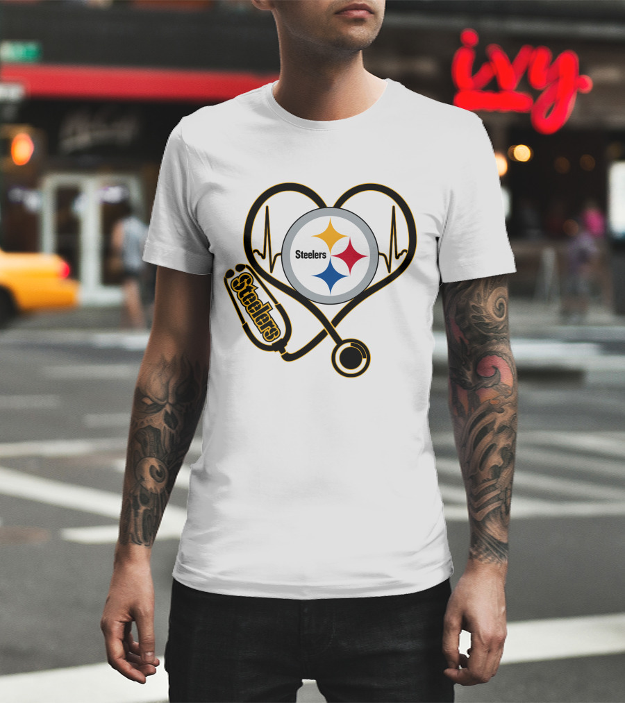 Nurse Love Steelers Heartbeat Stethoscope T-Shirt