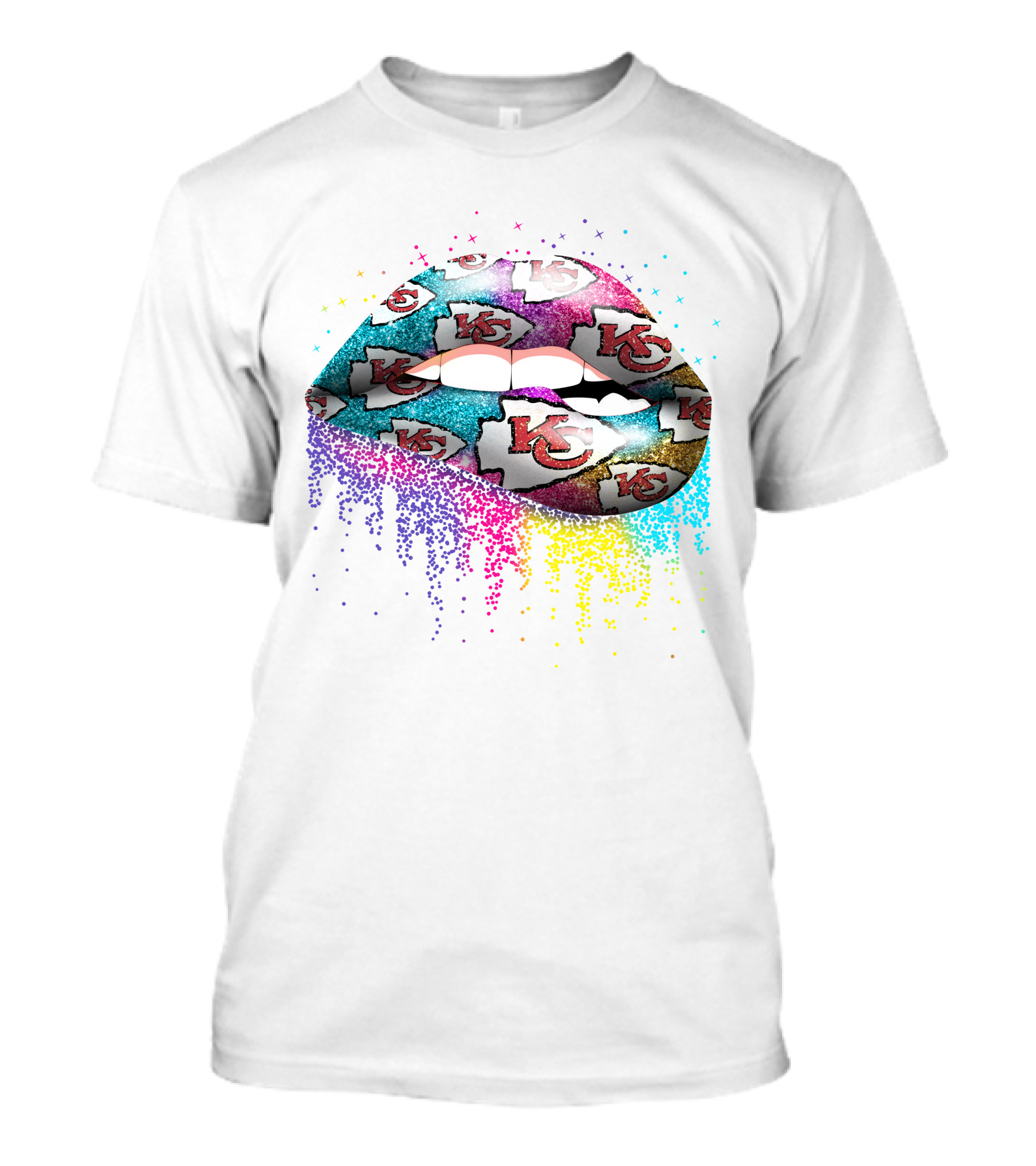 Kansas City Chiefs Glittery Lip Burst With Kc Logos And Sparkling Colors T-Shirt