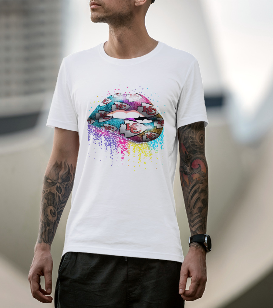 Kansas City Chiefs Glittery Lip Burst With Kc Logos And Sparkling Colors T-Shirt