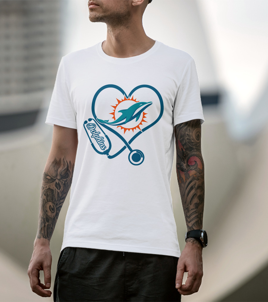 Nurse Heartbeat Miami Dolphins Stethoscope T-Shirt