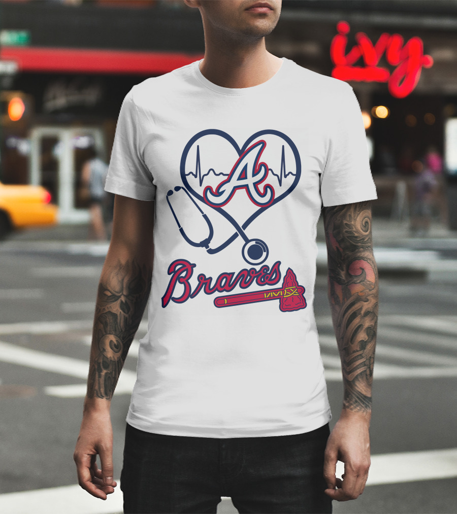 Nurse Heartbeat Stethoscope Atlanta Braves T-Shirt