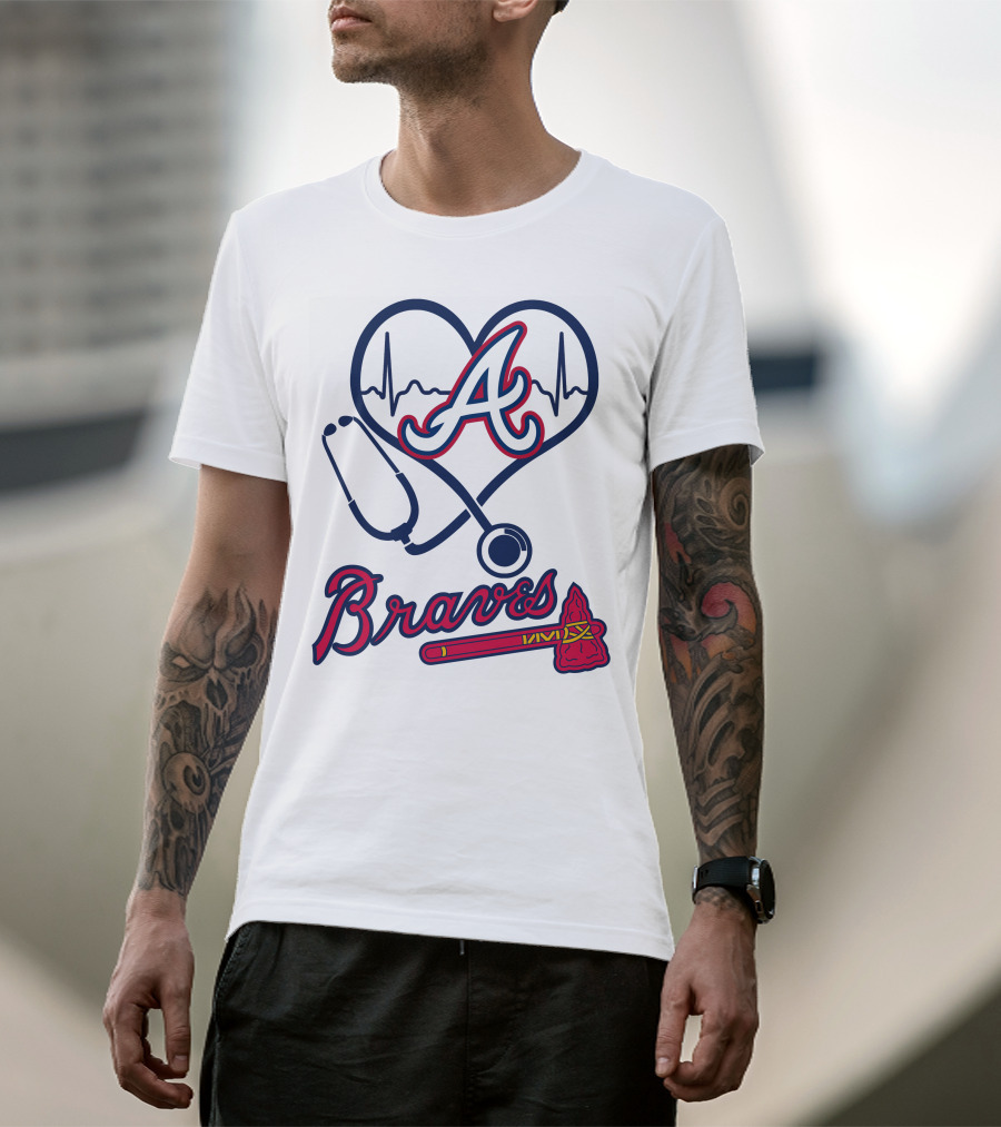 Nurse Heartbeat Stethoscope Atlanta Braves T-Shirt